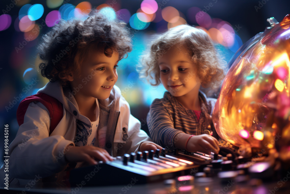 Children experimenting with sound waves and musical instruments, connecting science with the art ...