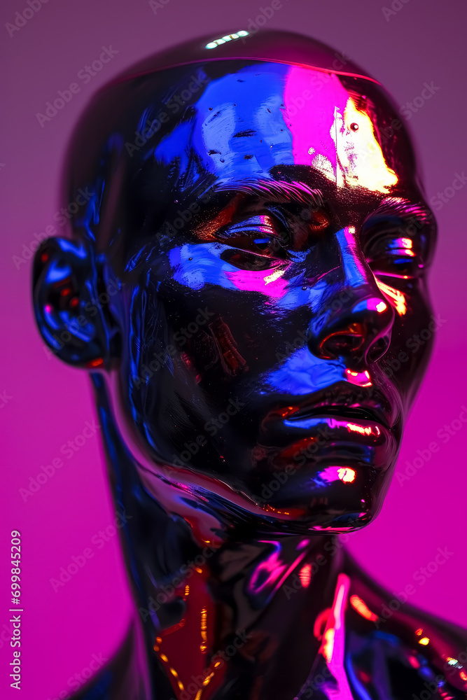 A stoic human mannequin with multiple colors, rendered in futuristic ...