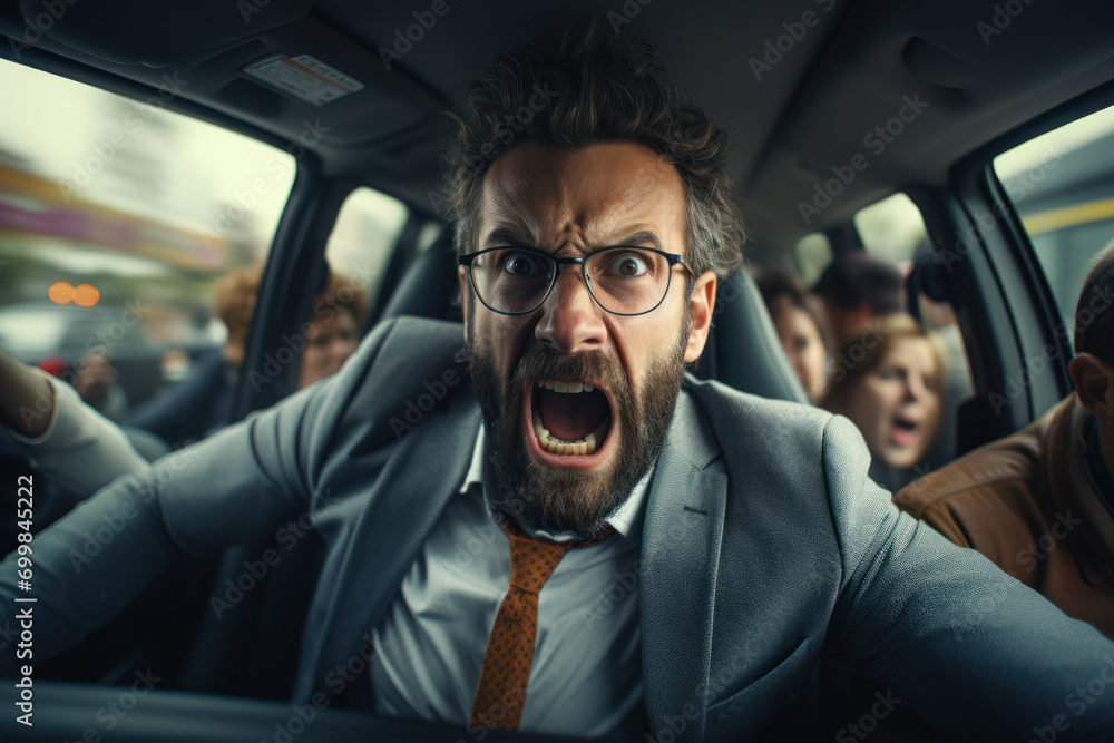 An angry commuter stuck in traffic, gesturing towards the congested ...