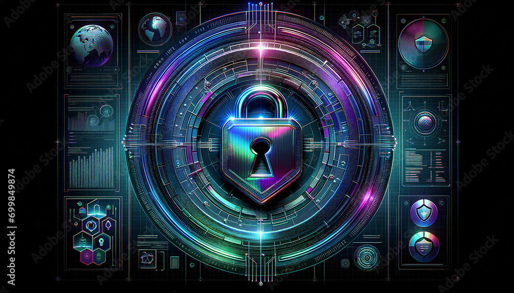 Cybersecurity: Retro-Futuristic Digital Lock with Infographics Stock ...