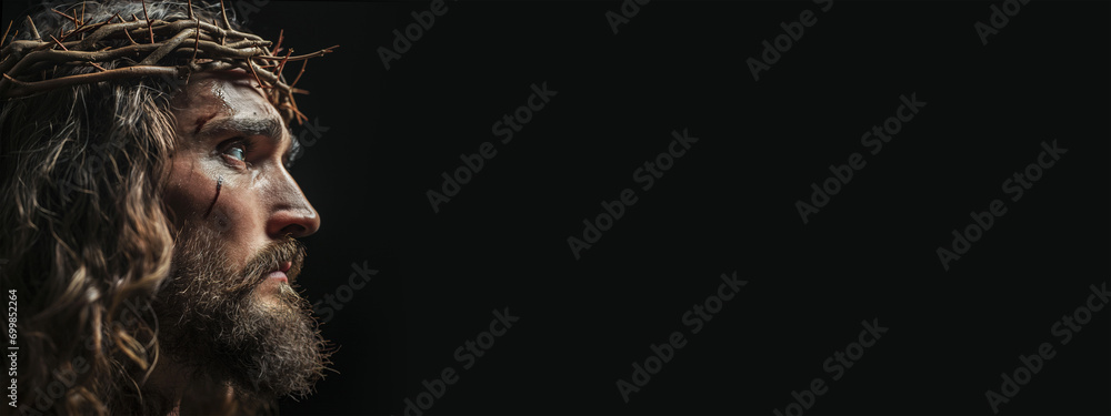 Profile portrait of Jesus Christ - Black background with black ...