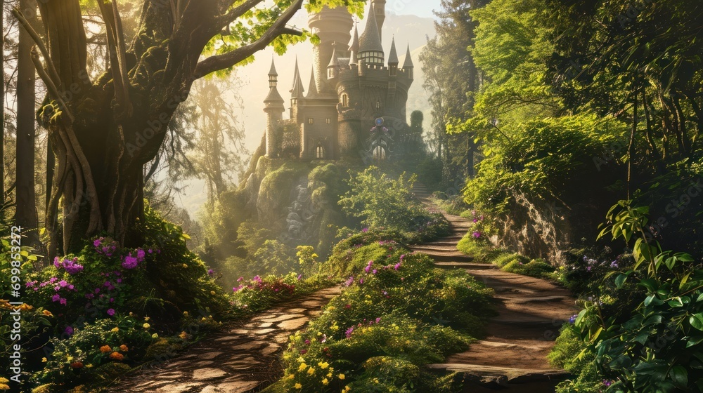 An enchanted forest with a fairytale castle and magical pathways Stock ...