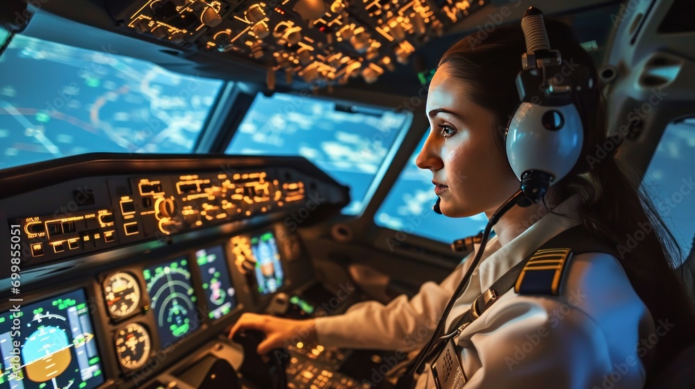 Image of a female pilot in a flight simulator, training for commercial ...