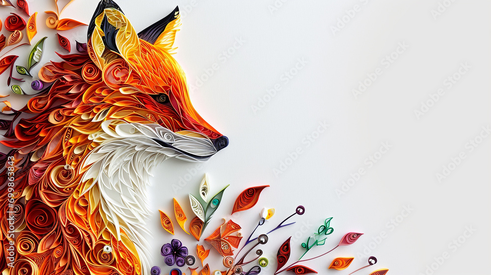 A paper quilled fox, with rich oranges and whites, skillfully ...