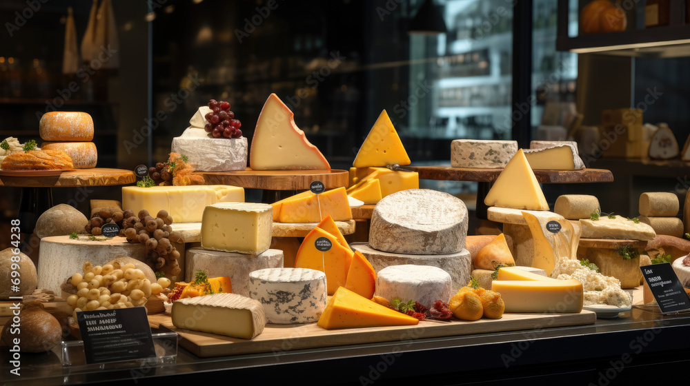 showcase with different cheeses, Maasdam, Camembert, Parmesan, ricotta ...