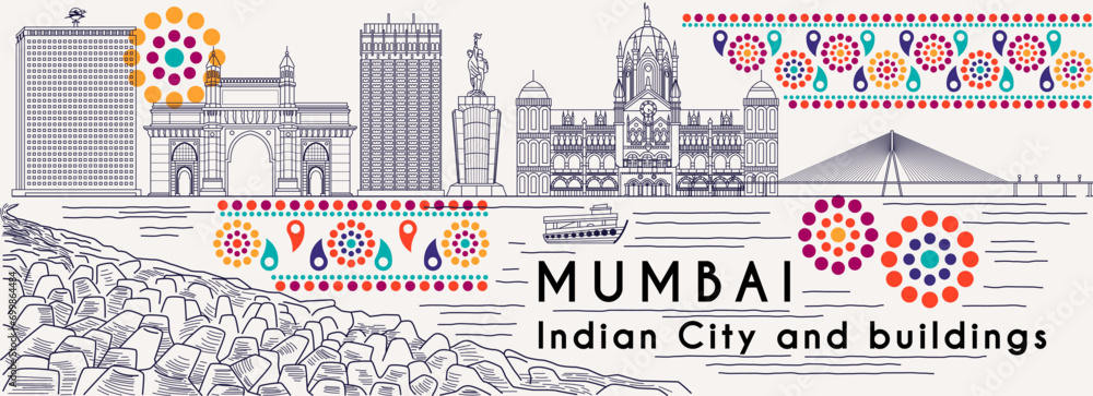 Mumbai skyline. Panorama of the Indian city of Mumbai with landmarks ...