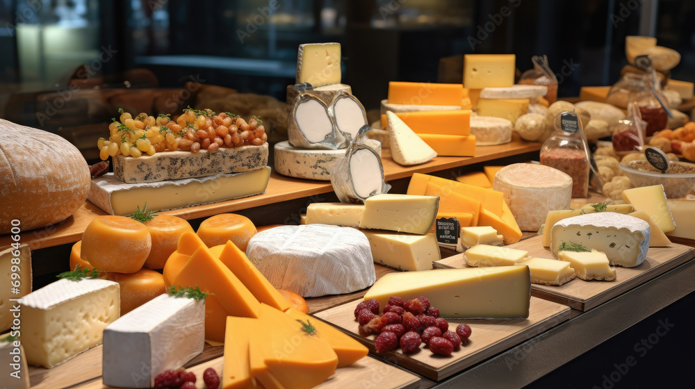 showcase with different cheeses, Maasdam, Camembert, Parmesan, ricotta ...