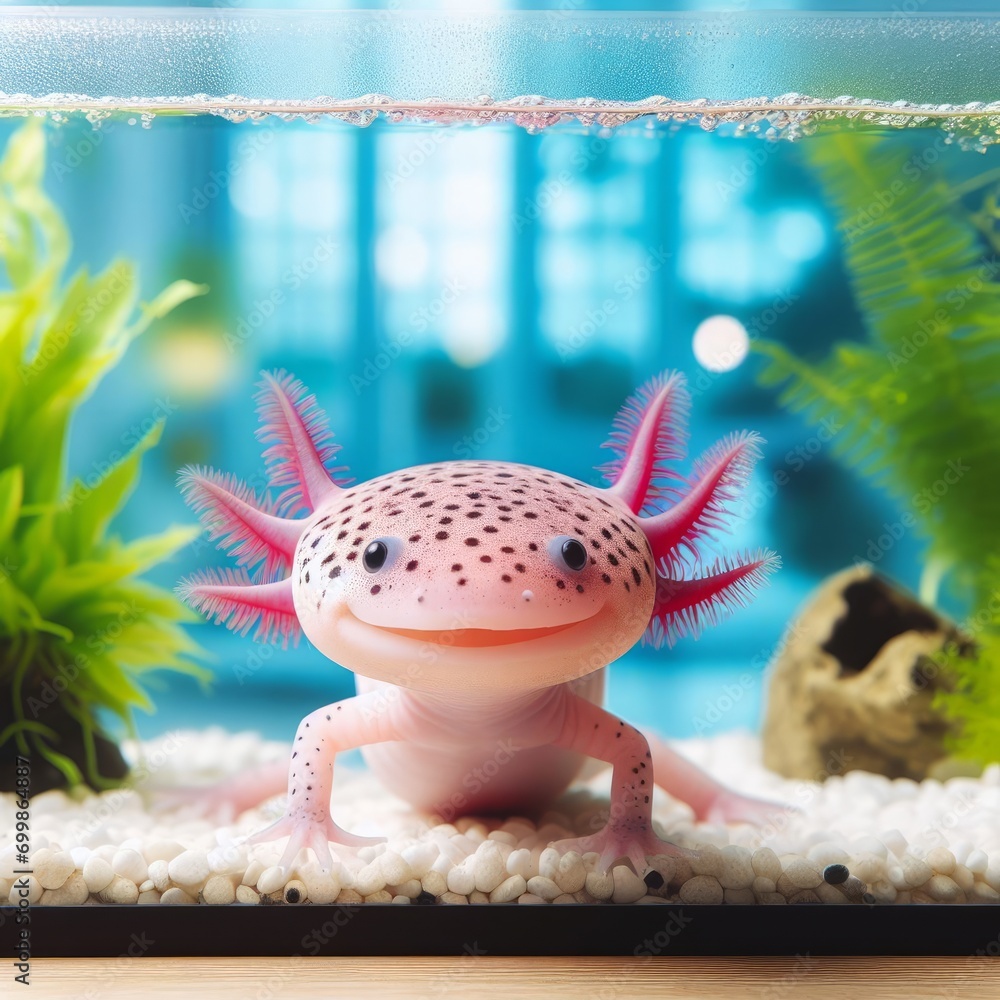 Smiling Axolotl in Aquarium - A charming, high-resolution image of a delightful axolotl grinning ...