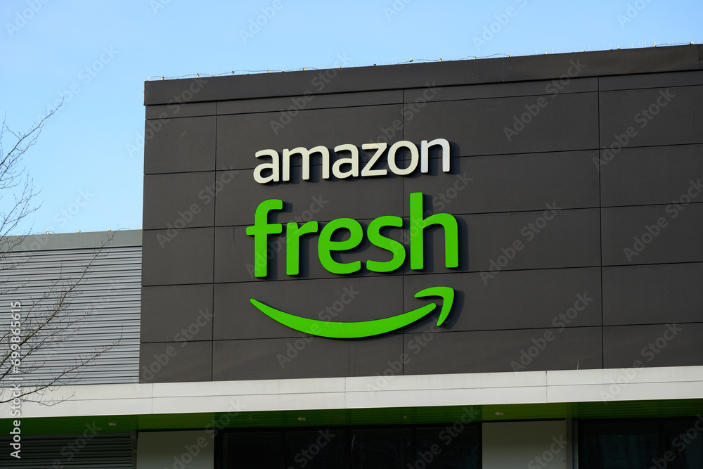 Bellevue, WA, USA - December 10, 2023; Sign on wall of Amazon Fresh ...