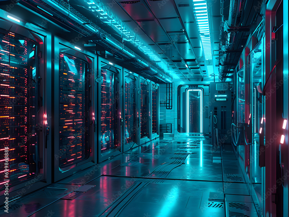 Mysterious High Ceiling Corridor with Glowing Doors, Reflective Floor ...