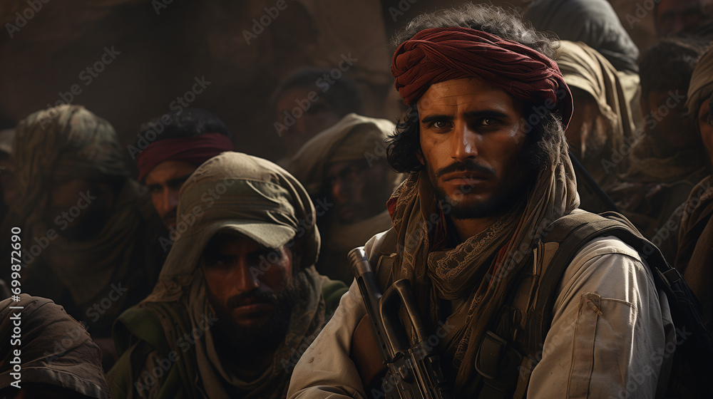 Group of Muslim soldiers and mercenaries in the desert wearing turbans ...