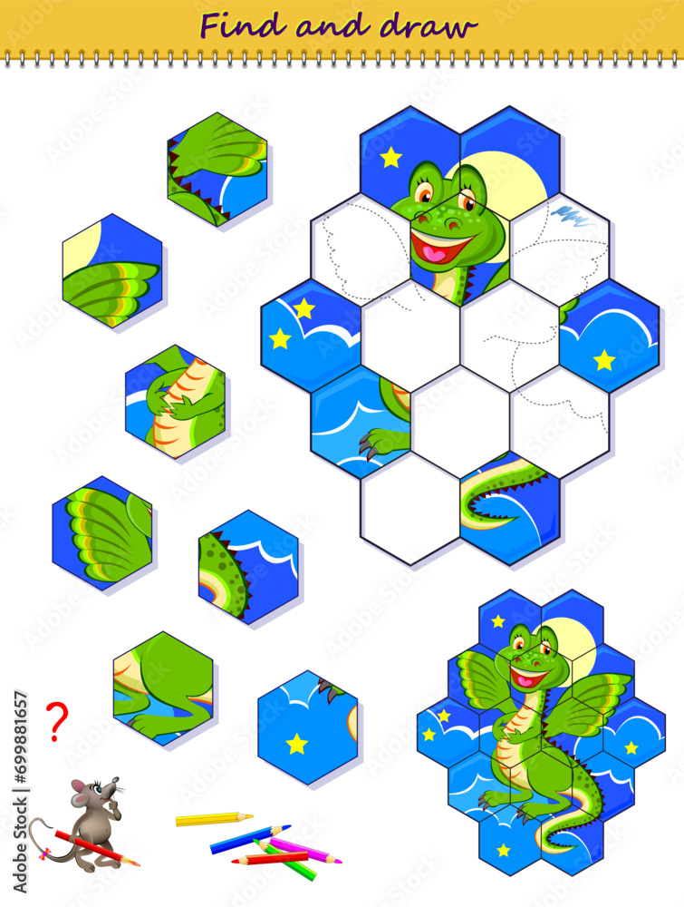 Educational page for little children. Color cute green dragon. Find the ...