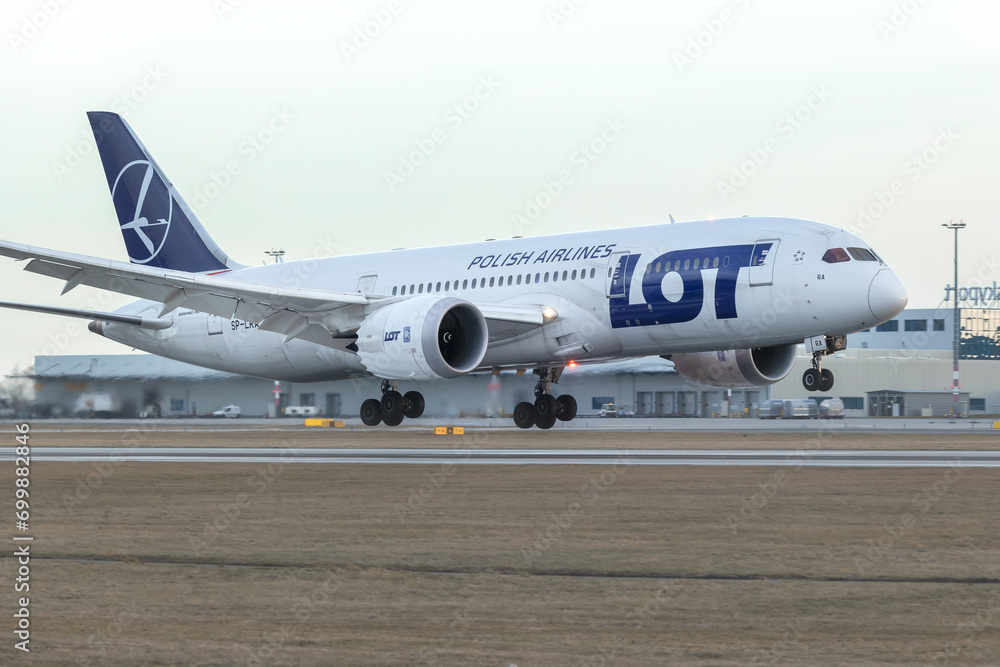 PRAGUE - December 27, 2023: LOT Polish Airlines Boeing 787-8 Dreamliner REG:SP-LRA at Vaclav ...