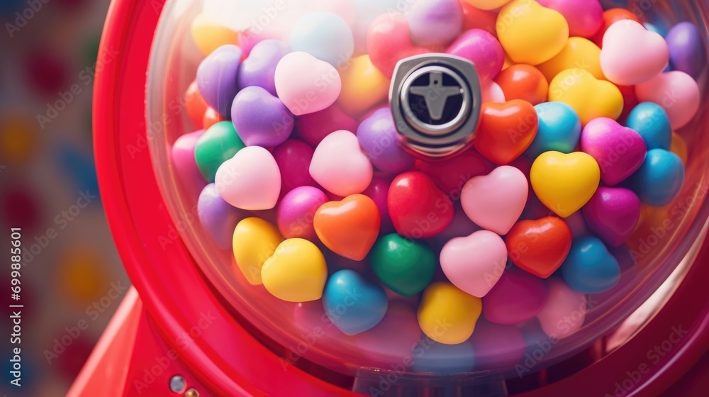 A detailed shot of a giant gumball machine, overflowing with a rainbow ...