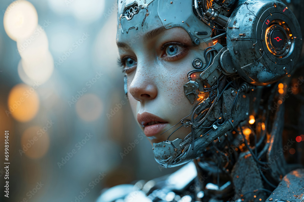 Robot woman, female cyborg portrait, humanoid cyber machine controlled ...