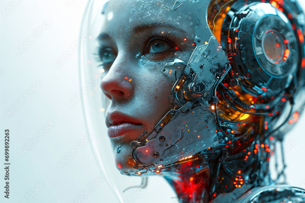 Robot woman, female cyborg portrait, humanoid cyber machine controlled ...