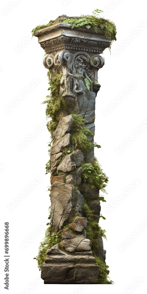 An antique column with overgrown foliage , old architecture pillars ...