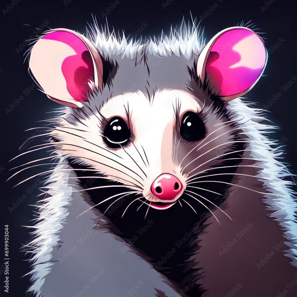 Cute opossum cartoon character with big pink ears and nose, and big ...