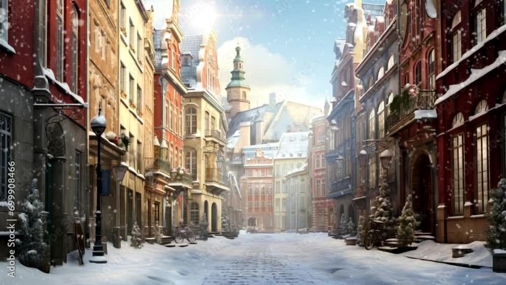 street in the old town in winter, loop video background animation ...