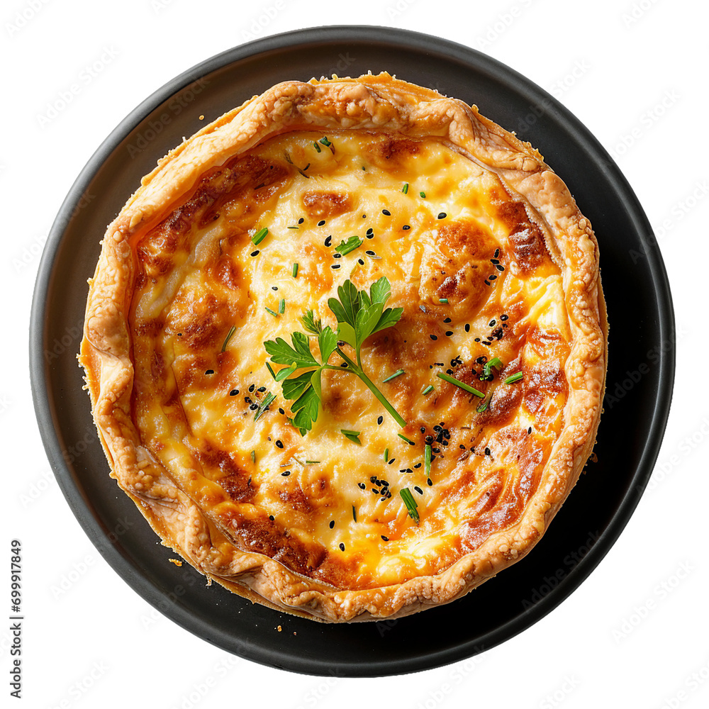 Quiche Lorraine , top view, black plate, transparent background ...