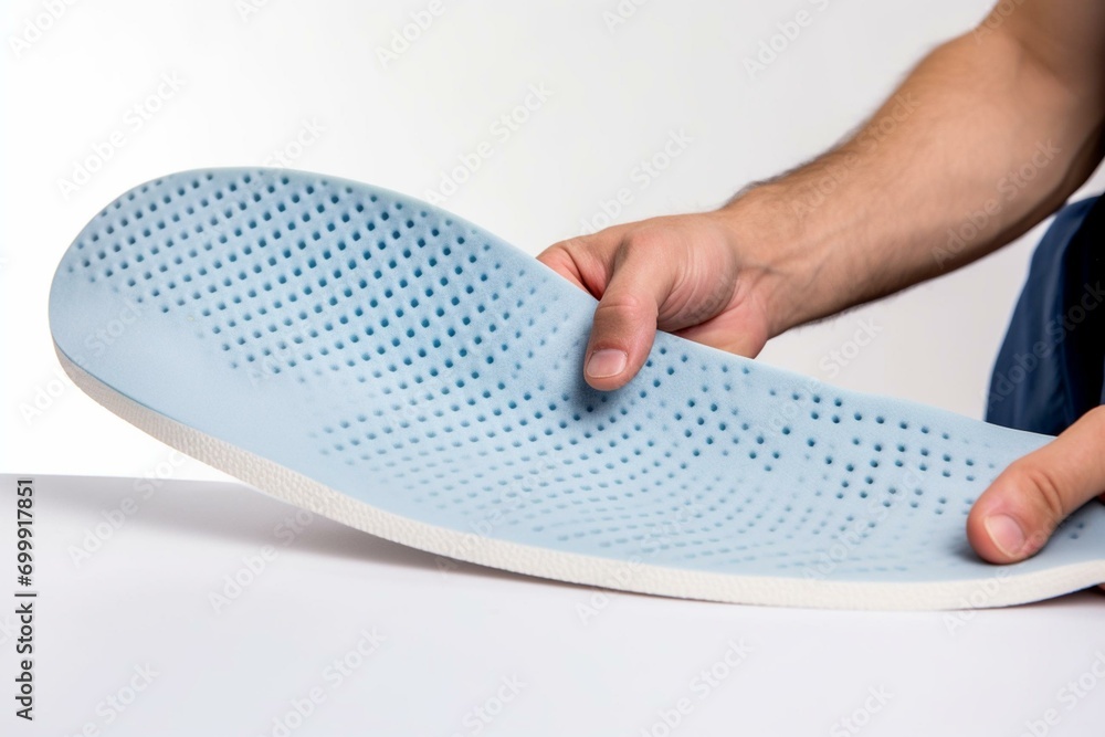 A white background image of an orthopedic insole being tested by a ...