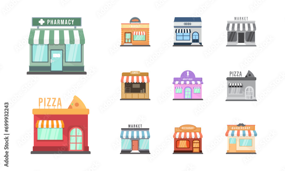 Modern fast food restaurant and shop buildings, store facades ...