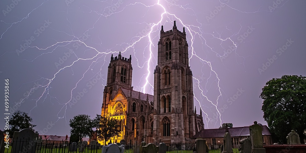 Gothic Cathedral Illuminated by Lightning at Night Stock Illustration ...