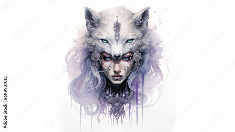 a werewolf priestess with headress staring off into the distance ...