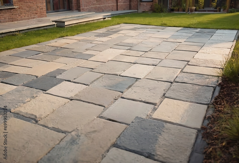 Laying gray concrete paving slabs in house courtyard driveway patio ...