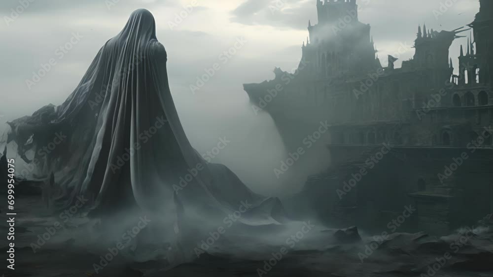 Vidéo Stock A spectral banshee in tattered billowing robes perches atop ...