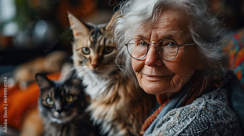 Person of Cat lady with her many favorite cats. Kind lonely old granny ...