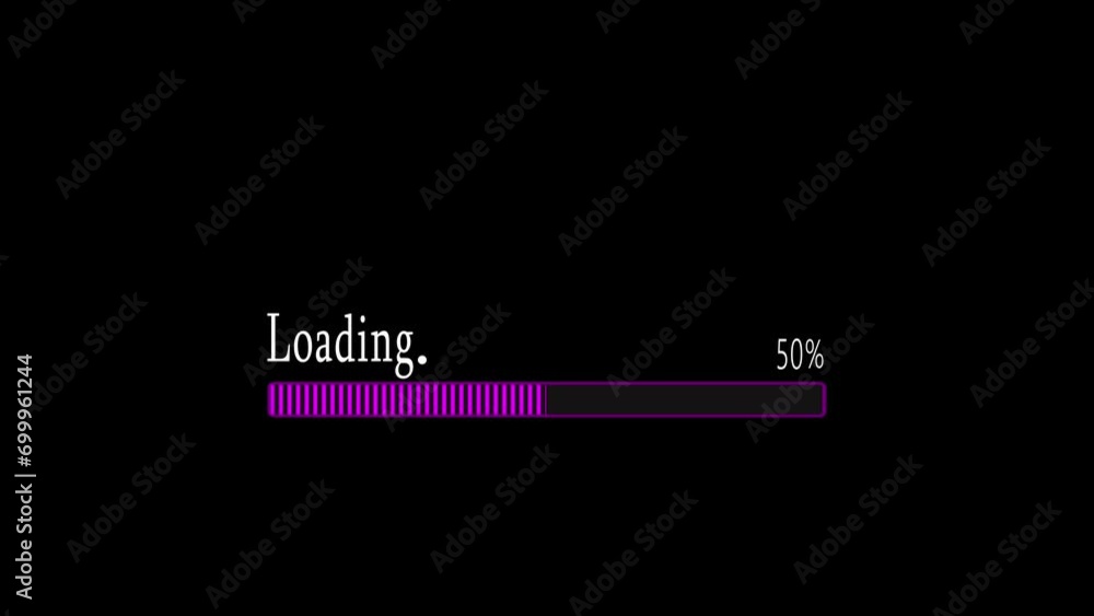 Purple progress bar animation, percentage loading on a black background. Loading bar downloading ...