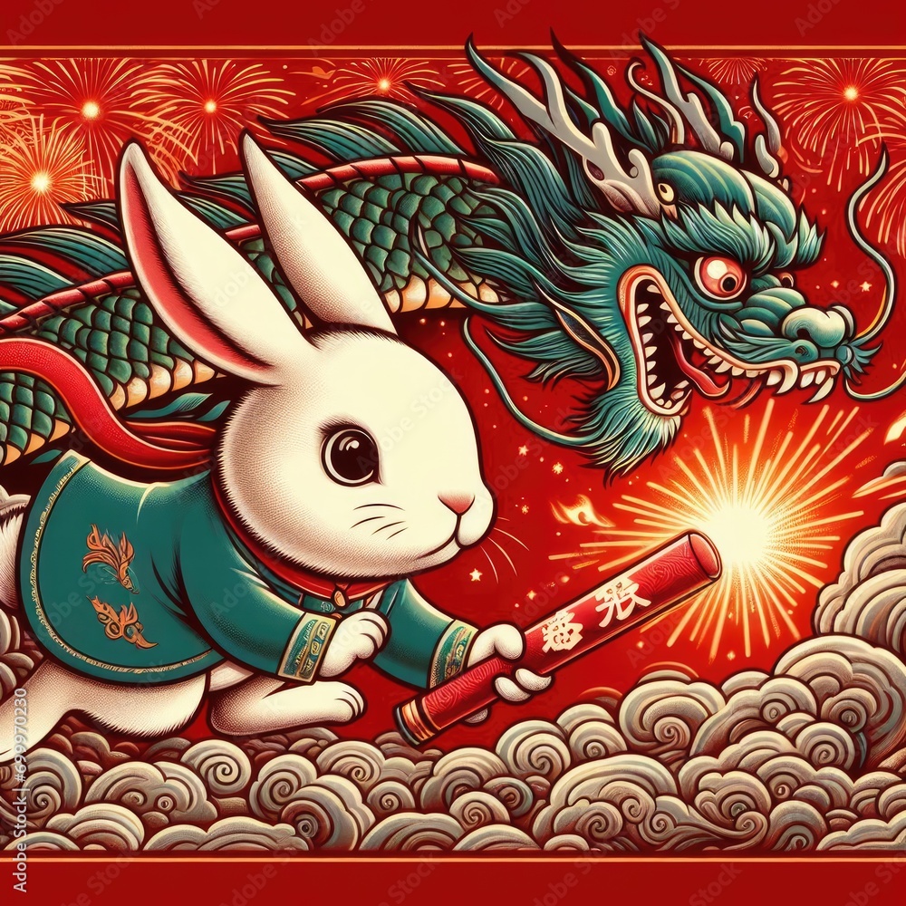 Rabbit passes the relay baton to dragon in red background with ...