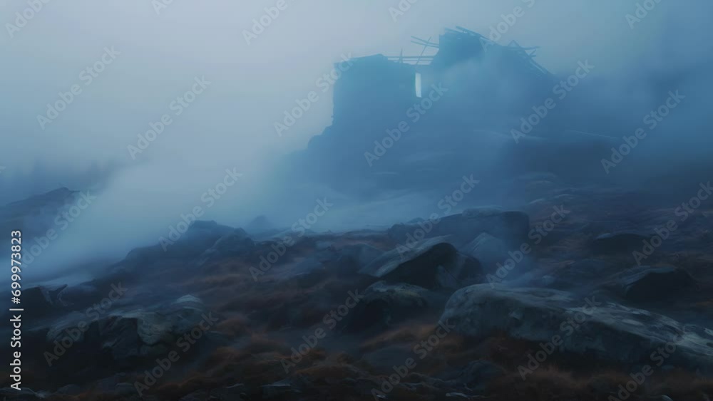 Atop a crumbling mountain an eerie glow shimmered in the grey sky ...