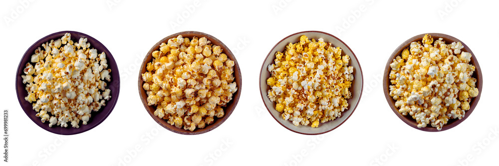 Set of Four Bird's eye view and trimmed photo of a popcorn dish ...