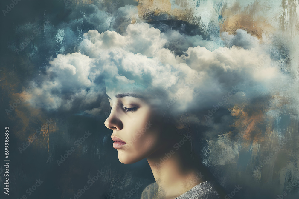 A Symbolic Image of a Young Woman, Lost in Thought with Head in the Clouds. Illustrating ...