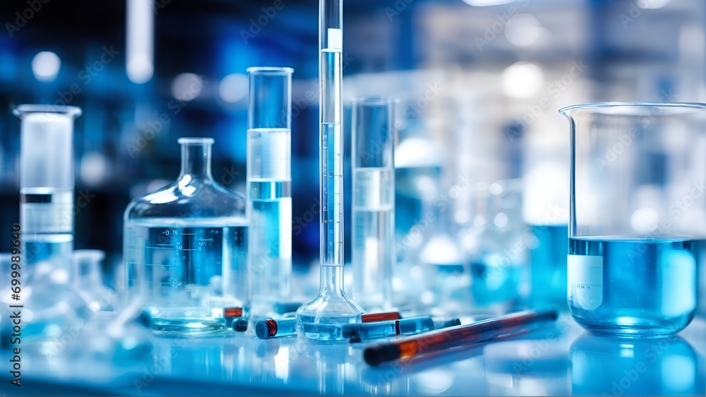 chemical test tubes on a clean and tidy table, bright light blue ...