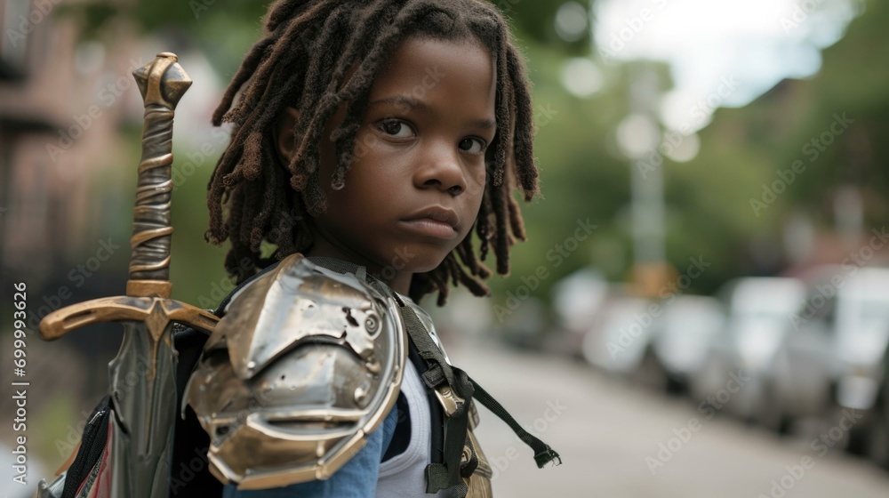 A young boy with dreadlocks and armor standing on the street ...