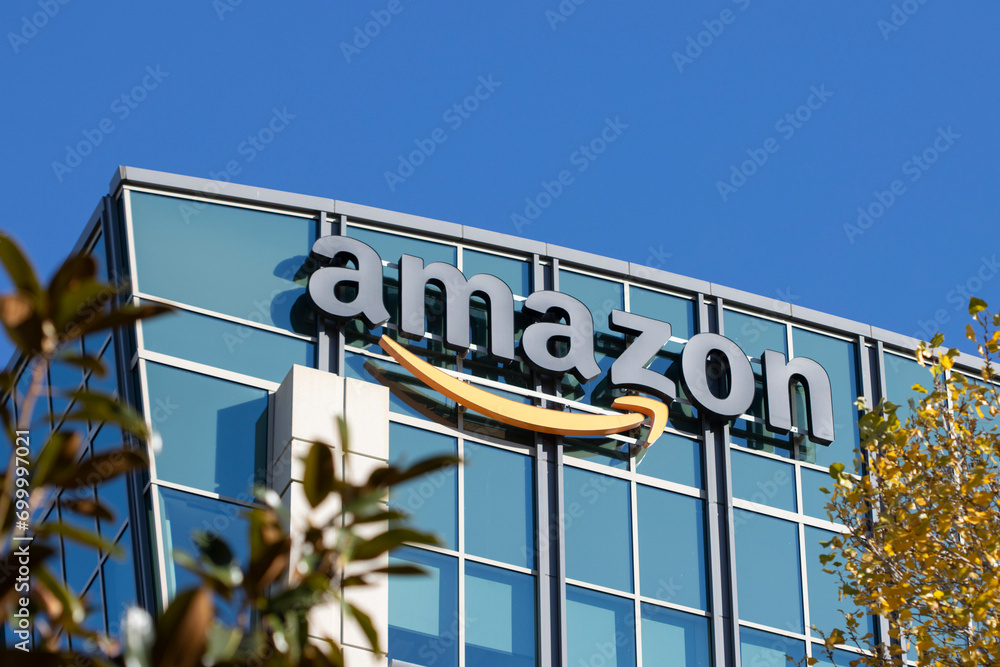Sunnyvale, CA, USA - Nov 24, 2023: Closeup of the Amazon logo seen at ...