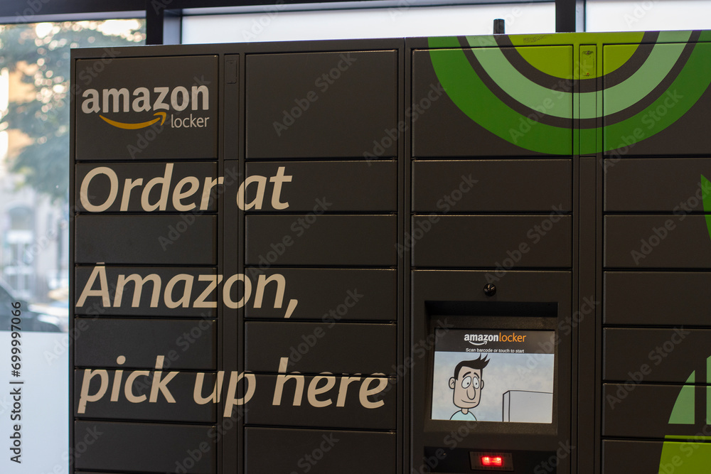 Washington, DC, USA - June 24, 2022: Closeup of an Amazon locker in a ...