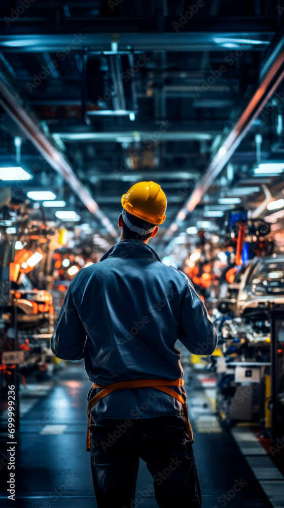 Male worker back in workshop car manufacturing plant against background ...