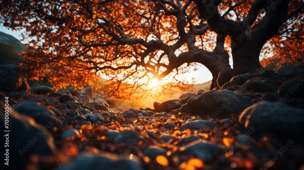 Ant's - eye view photo of a giant gnarly old tree covered with blue and ...