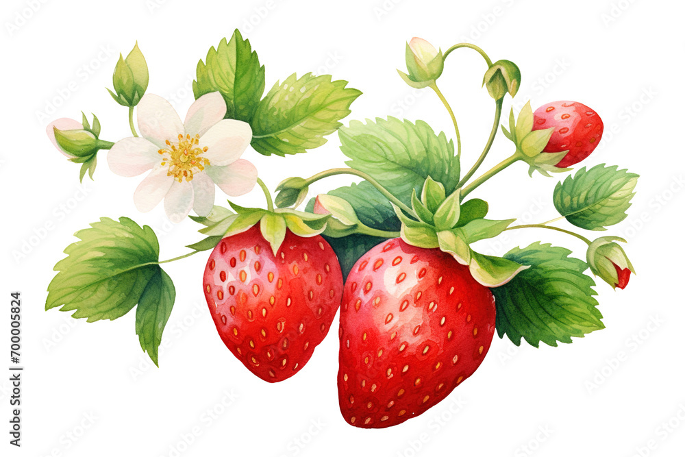 strawberry fruit on a branch with leaves illustration isolated on transparent background Remove ...