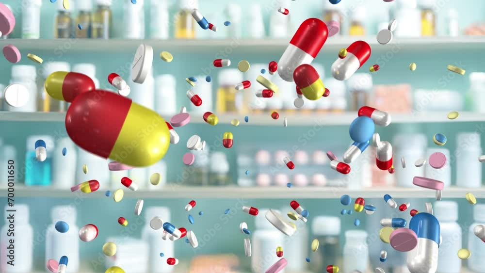 Pills and capsules falling loop. 3D animation with AI generated ...