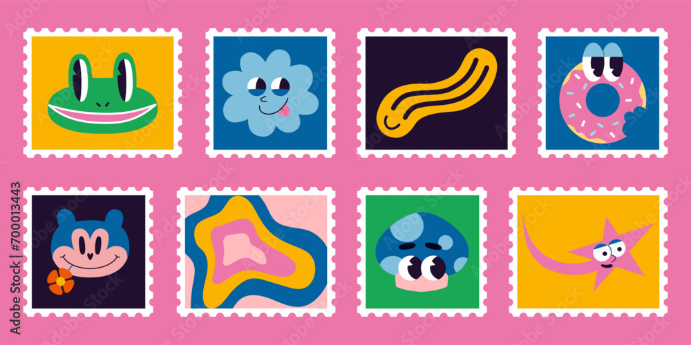 Set of cute hand-drawn post stamps with comic groovy characters such as ...