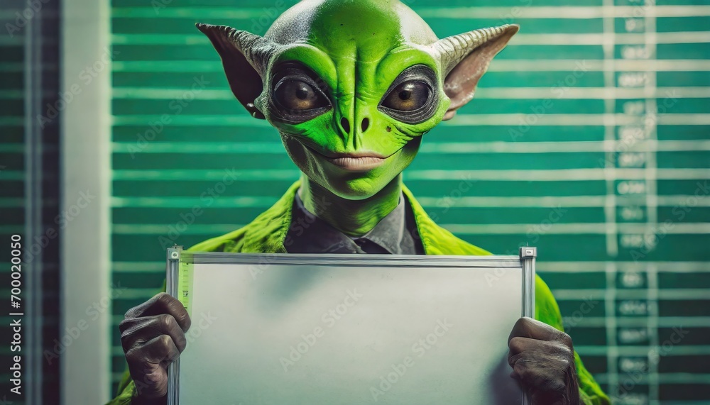 Close-up mugshot of a stereotypical green skinned alien holding a blank ...