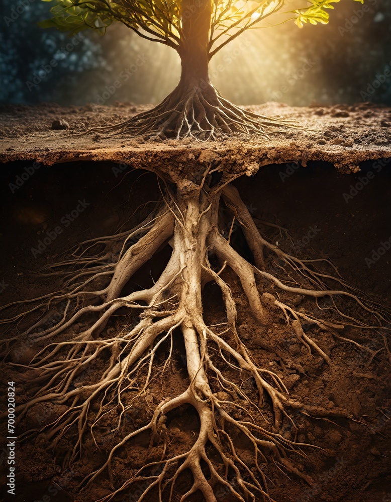 Complex root system of a tree deep underground, soil cross section view ...