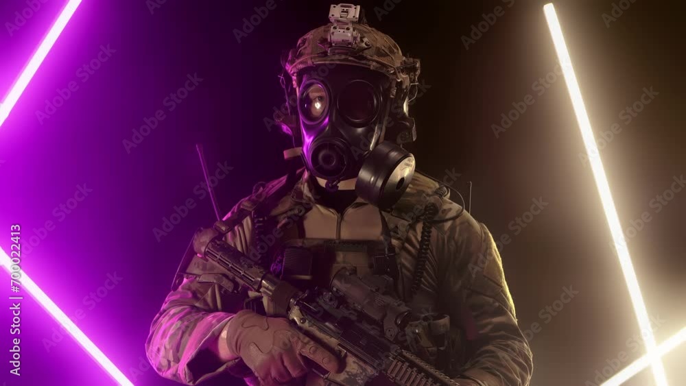 Military soldier in army camouflage, warrior with weapon assault rifle ...