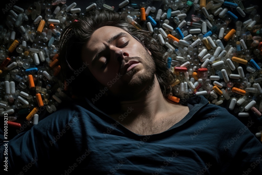 Dependent Man sleeping on medicine pills. Sleeping tablets addiction or ...
