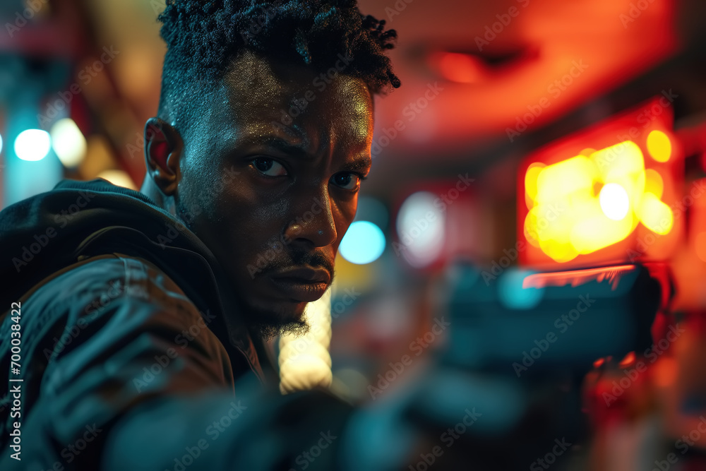 Robbery, crime. African American aggressive sweaty gangster guy ...